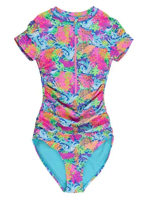 RUFFLEBUTTS Upf 50+ Quarter Zip Short Sleeve One Piece Rash Guard Swimsuit - Neon Ocean Coral