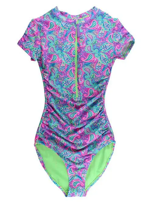 RUFFLEBUTTS Upf 50+ Quarter Zip Short Sleeve One Piece Rash Guard Swimsuit - Neon Paisley Pop
