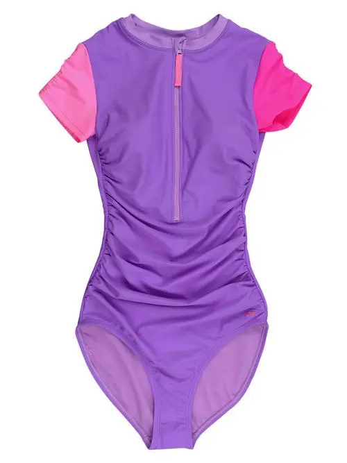 RUFFLEBUTTS Upf 50+ Quarter Zip Short Sleeve One Piece Rash Guard Swimsuit - Neon Purple Color Block
