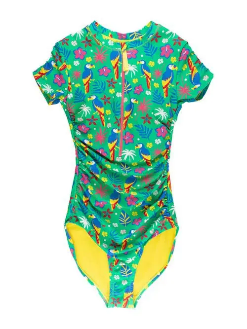 RUFFLEBUTTS Upf 50+ Quarter Zip Short Sleeve One Piece Rash Guard Swimsuit - Parrot Palms