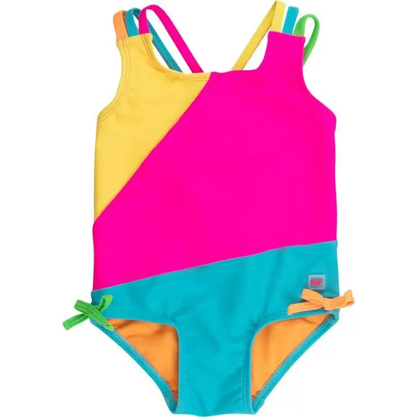 RUFFLEBUTTS Upf 50+ Color Block Cross-back One Piece Swimsuit - Neon Color Block