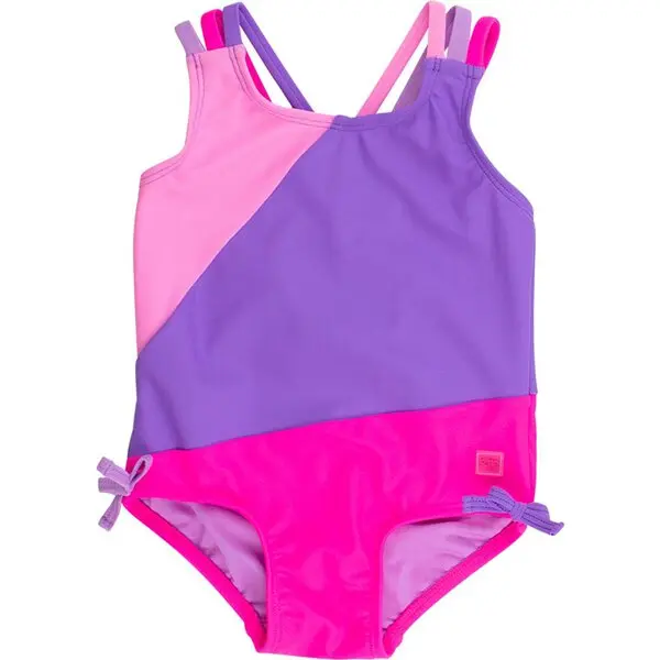 RUFFLEBUTTS Upf 50+ Color Block Cross-back One Piece Swimsuit - Neon Purple Color Block
