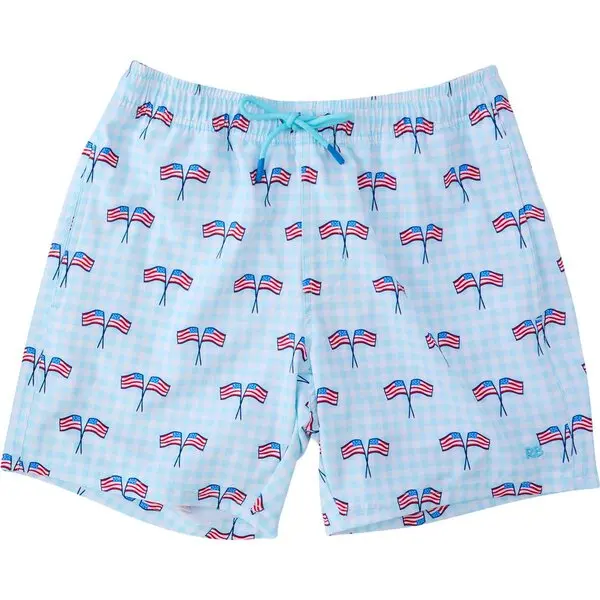 RUGGEDBUTTS Stretch Swim Trunks - Blue Patriotic Gingham