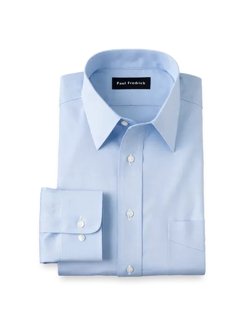PAUL FREDRICK Tailored Fit Non-iron Cotton Pinpoint Solid Point Collar Dress Shirt - Blue