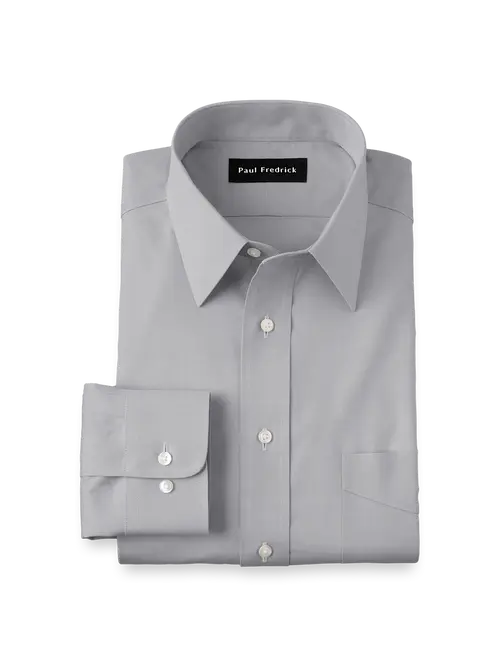 PAUL FREDRICK Tailored Fit Non-iron Cotton Pinpoint Solid Point Collar Dress Shirt - Grey
