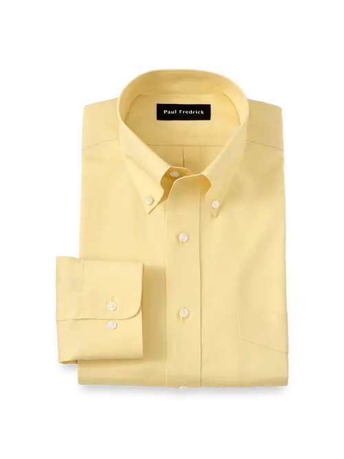 PAUL FREDRICK Tailored Fit Non-iron Cotton Pinpoint Solid Button Down Collar Dress Shirt - Yellow