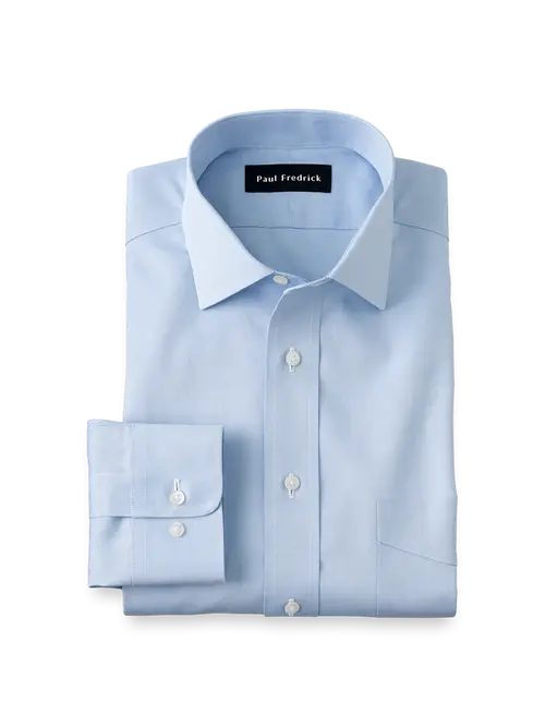 PAUL FREDRICK Slim Fit Non-iron Cotton Pinpoint Solid Spread Collar Dress Shirt - Blue