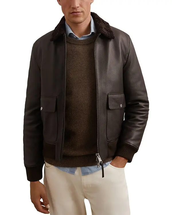 REISS Shearling Collar Leather Jacket - Brown