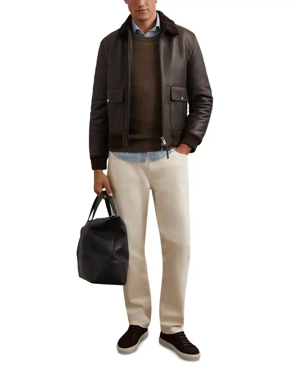 REISS Shearling Collar Leather Jacket - Brown