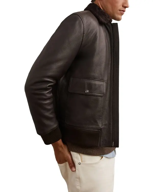 REISS Shearling Collar Leather Jacket - Brown