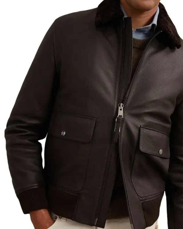 REISS Shearling Collar Leather Jacket - Brown