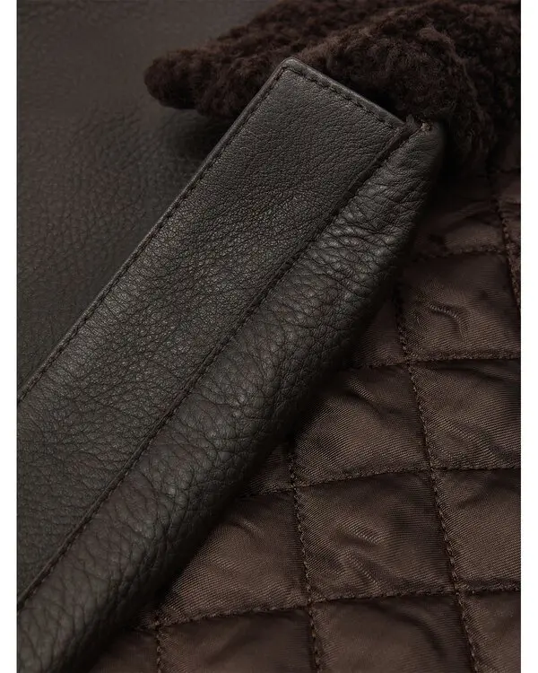 REISS Shearling Collar Leather Jacket - Brown