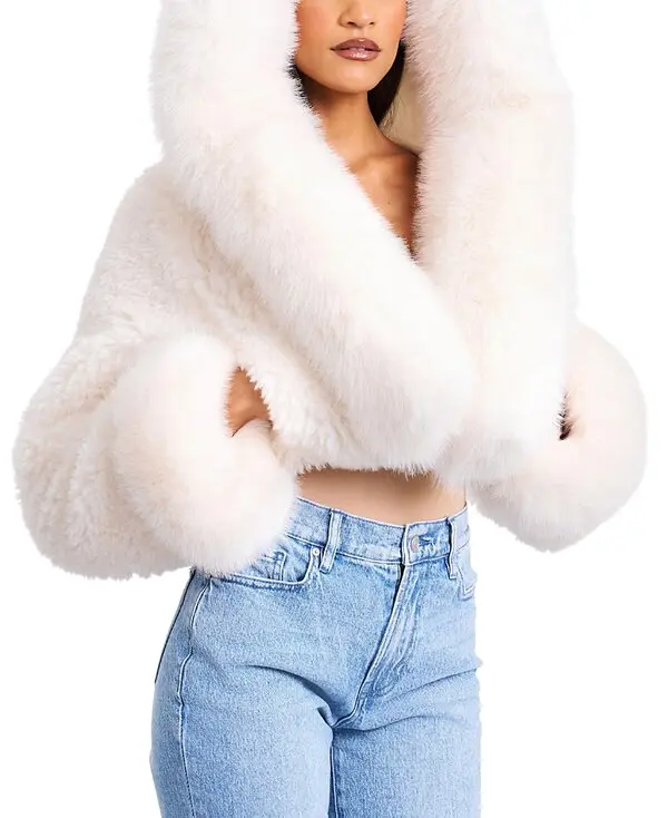 MISS CIRCLE Kali Cropped Faux Fur Jacket With Hood - White