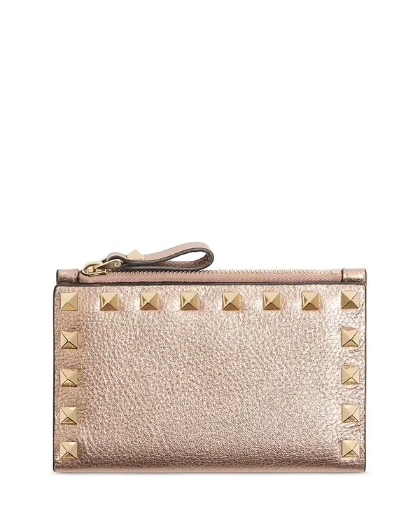 Valentino Garavani Rockstud Laminated Grainy Leather Card Holder - Rose