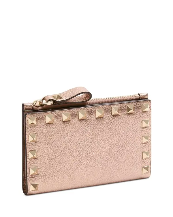 Valentino Garavani Rockstud Laminated Grainy Leather Card Holder - Rose