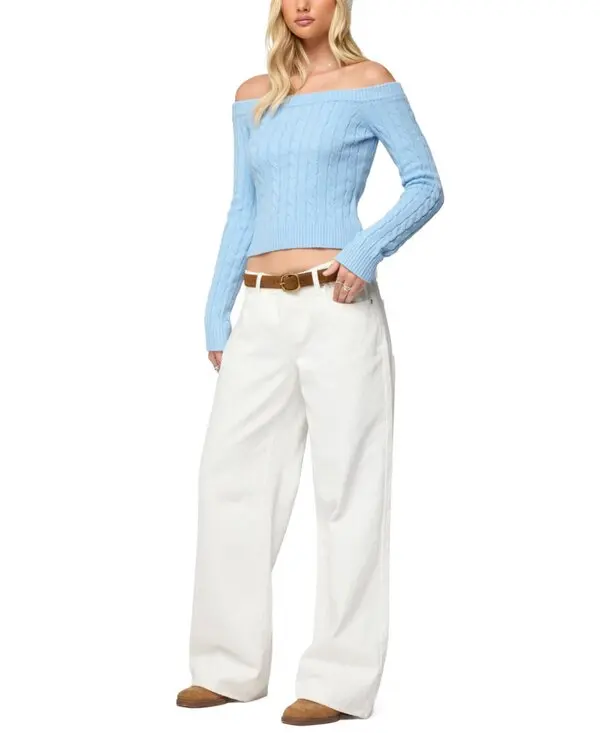 EDIKTED Off-shoulder Cable Knit Sweater - Light Blue