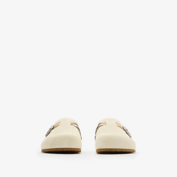 Burberry Suede Clogs With Check Buckle Strap - Bake Beige