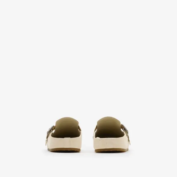 Burberry Suede Clogs With Check Buckle Strap - Bake Beige