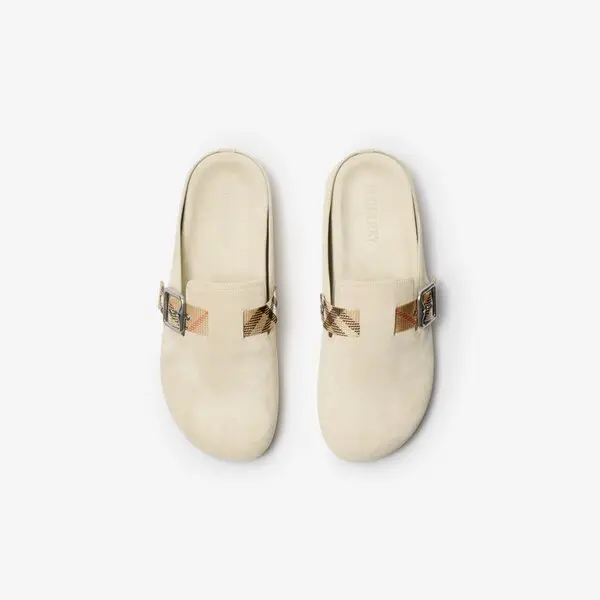 Burberry Suede Clogs With Check Buckle Strap - Bake Beige
