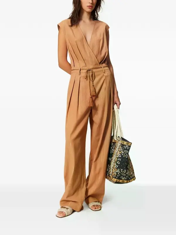 TWINSET Sleeveless V-neck Pinstriped Jumpsuit With Belted Waist