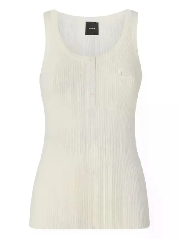 Pinko Ribbed Cotton-cashmere Blend Tank Top With Embroidered Monogram - Neutrals