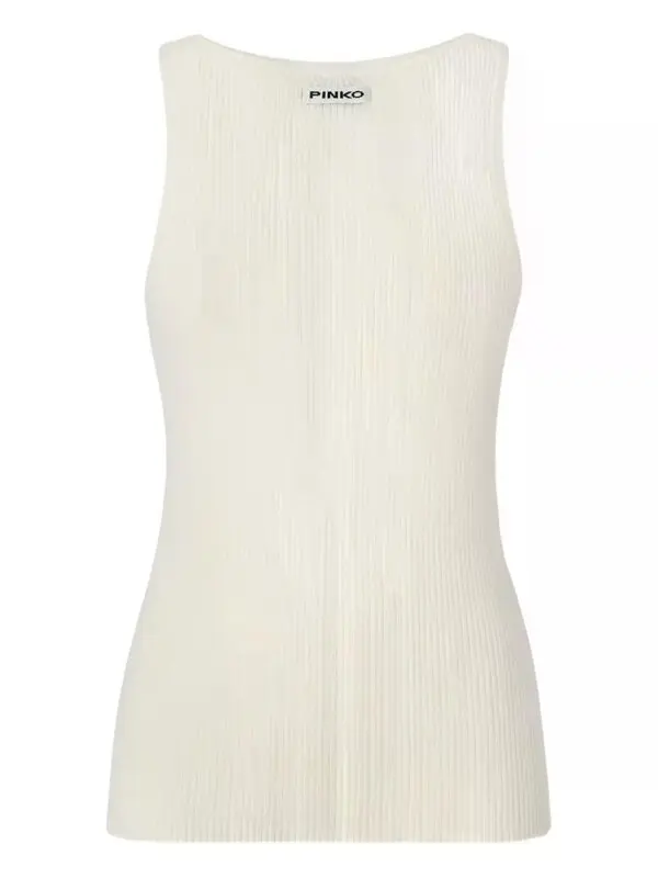Pinko Ribbed Cotton-cashmere Blend Tank Top With Embroidered Monogram - Neutrals