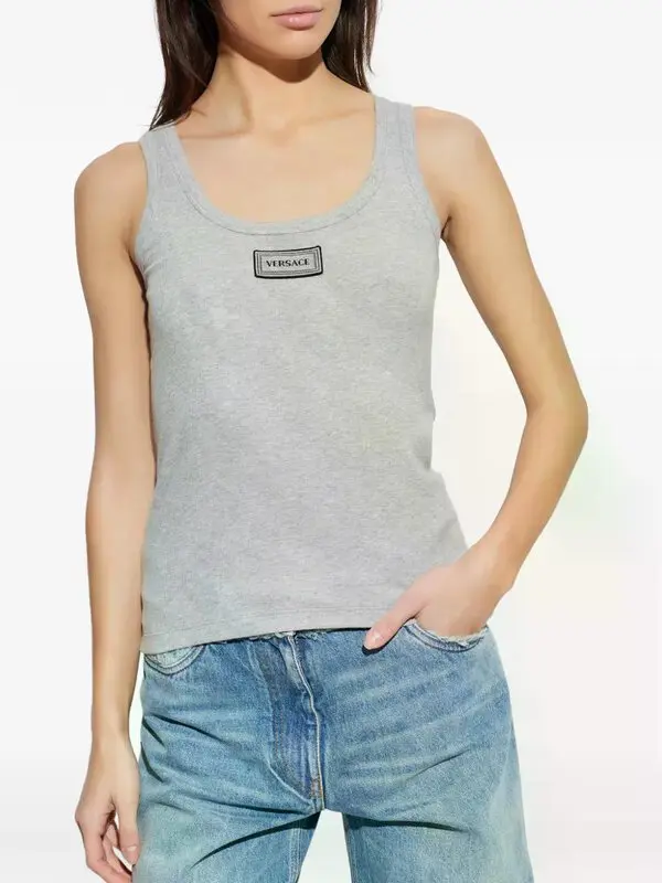 Versace Ribbed Stretch-cotton Sleeveless Logo Patch Tank Top - Grey