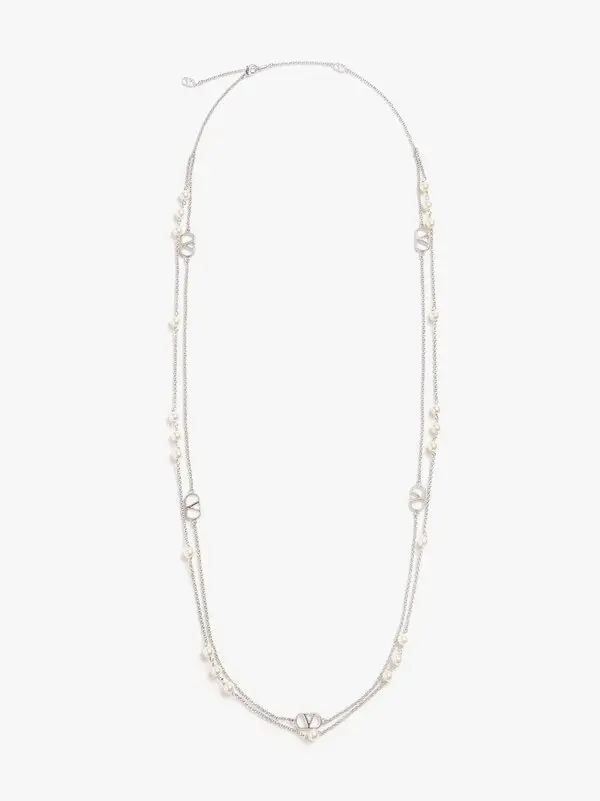 Valentino Garavani Metal And Pearls Vlogo Signature Necklace - Silver