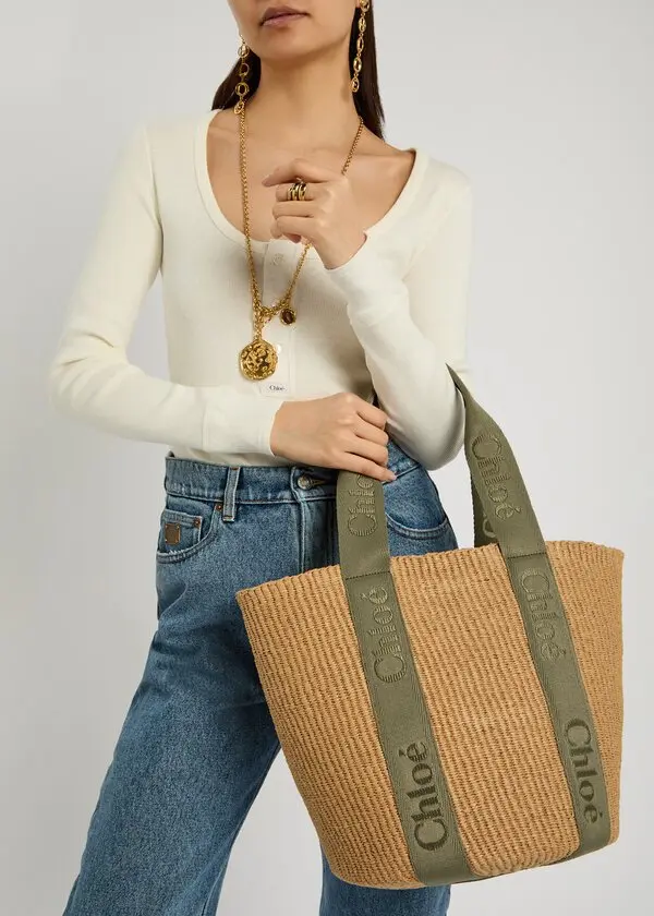 Chloé Woody Logo-embroidered Raffia Basket Bag - Green