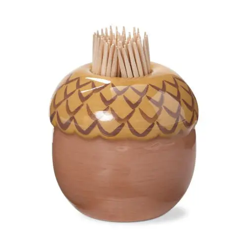 TAG Acorn Toothpick Holder Set Ceramic Kitchen Fall Harvest - Brown