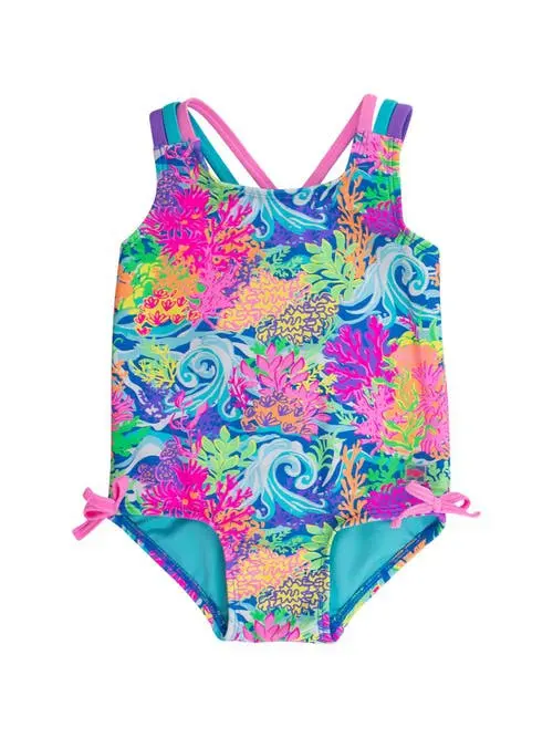 RUFFLEBUTTS Upf50+ Sun Protected Cross-back One Piece - Neon Ocean Coral