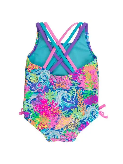 RUFFLEBUTTS Upf50+ Sun Protected Cross-back One Piece - Neon Ocean Coral