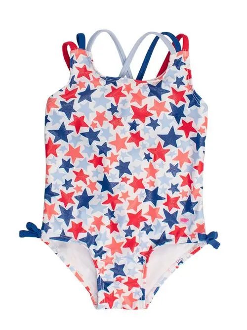 RUFFLEBUTTS Upf50+ Sun Protected Cross-back One Piece - Shimmer Star-spangled