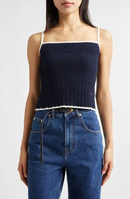 EENK Contrast Trim Pointelle Cable Knit Camisole - Navy
