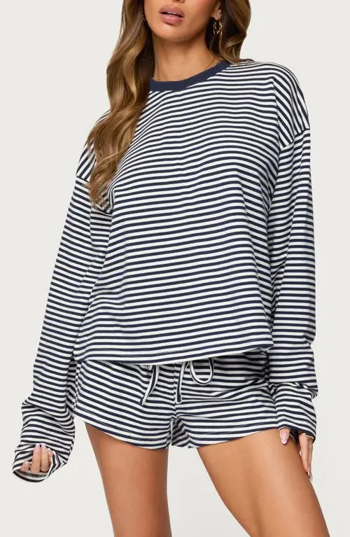 EDIKTED Jainee Stripe Long Sleeve Stretch Cotton T-shirt - Navy