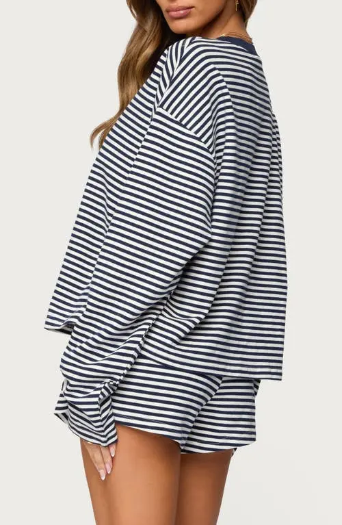 EDIKTED Jainee Stripe Long Sleeve Stretch Cotton T-shirt - Navy