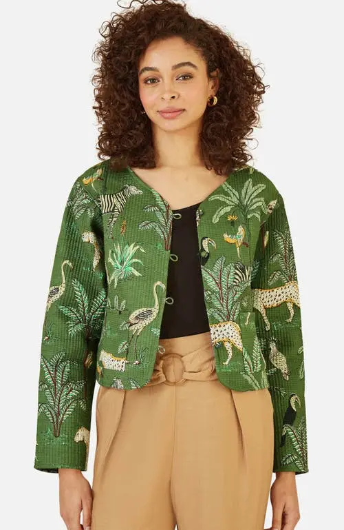 YUMI Animal Print Reversible Quilted Cropped Jacket - Green