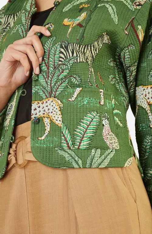 YUMI Animal Print Reversible Quilted Cropped Jacket - Green