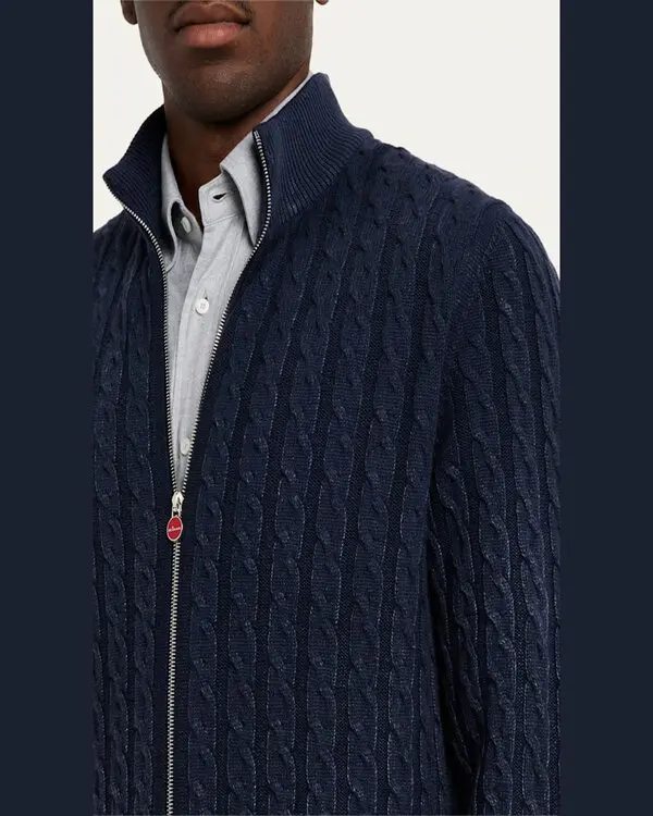 Kiton Washed Cashmere Cable Knit Full-zip Sweater