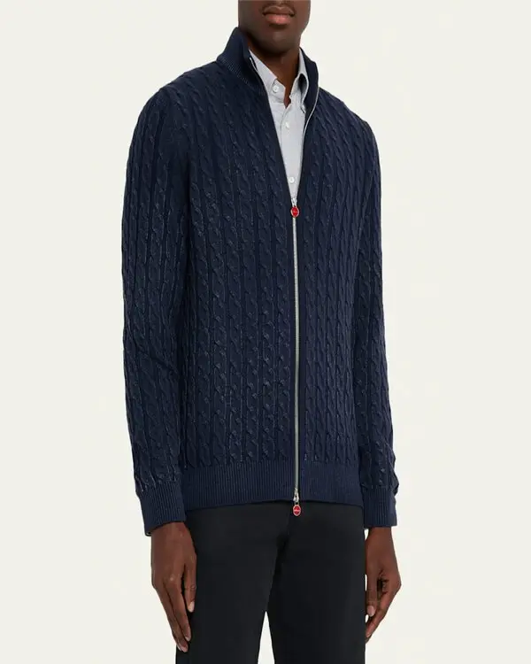 Kiton Washed Cashmere Cable Knit Full-zip Sweater