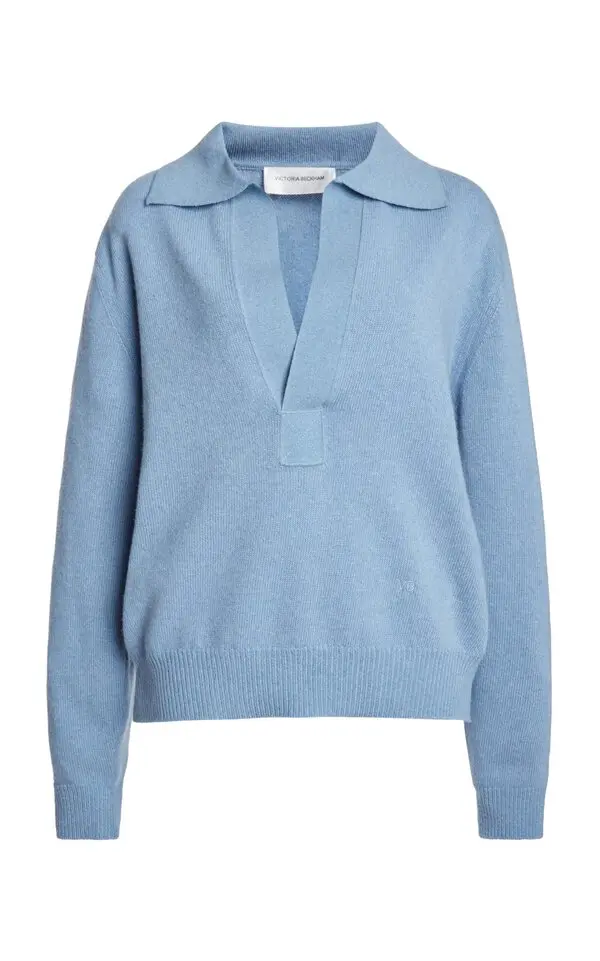 Victoria Beckham Wool-cashmere Blend Polo Sweater - Light Blue