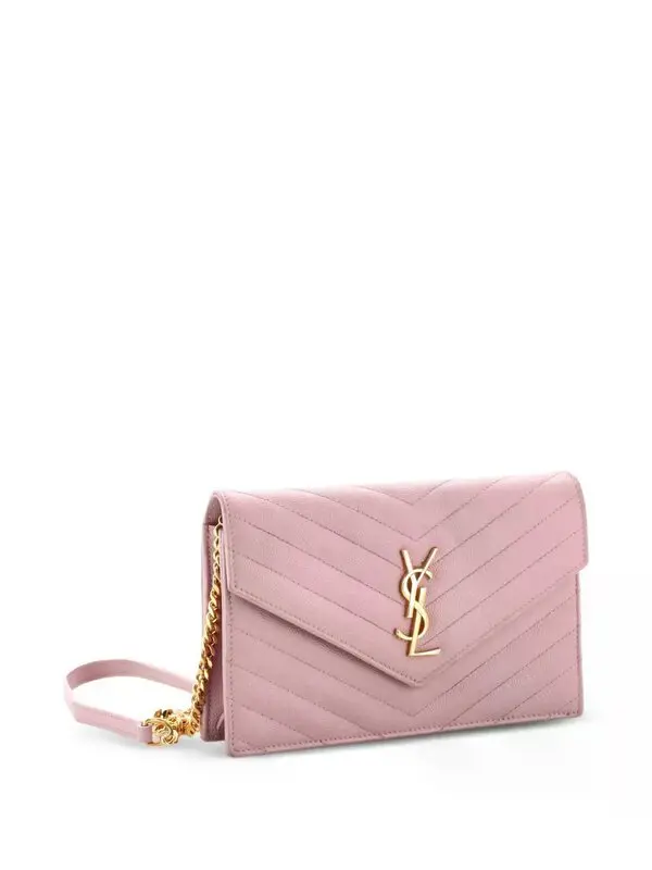 Saint Laurent Classic Monogram Wallet On Chain Matelasse Chevron Leather - Pink