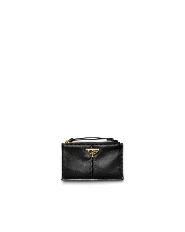 Prada Leather Card Holder With Zipper - Black