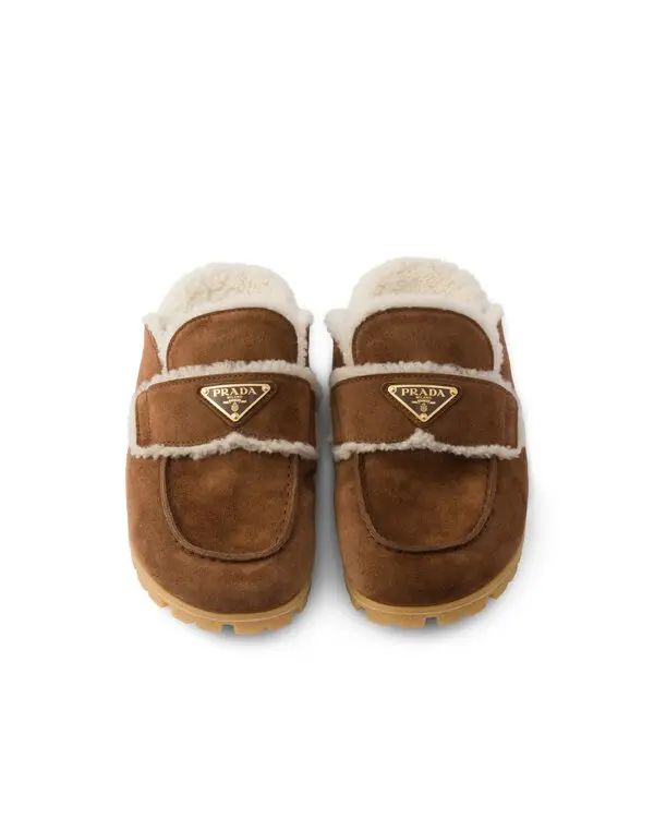 Prada Suede And Shearling Mules - Cocoa Brown