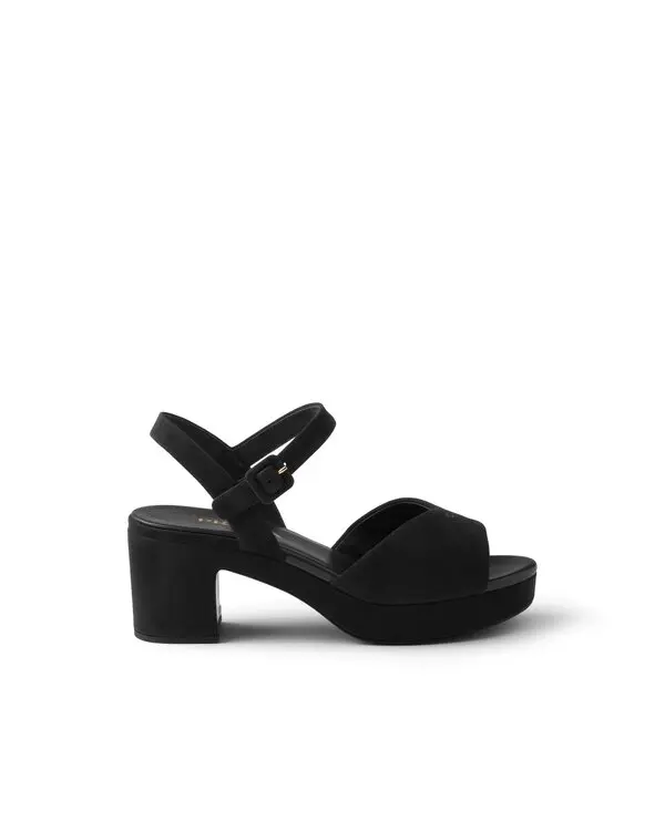 Prada Padded Suede Platform Sandals - Black