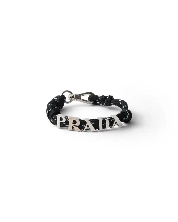 Prada Cord Bracelet With Metal Lettering Logo - Black