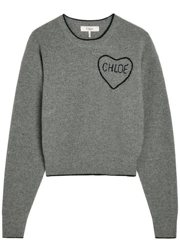 Chloé Logo Embroidered Wool And Cashmere-blend Jumper - Grey