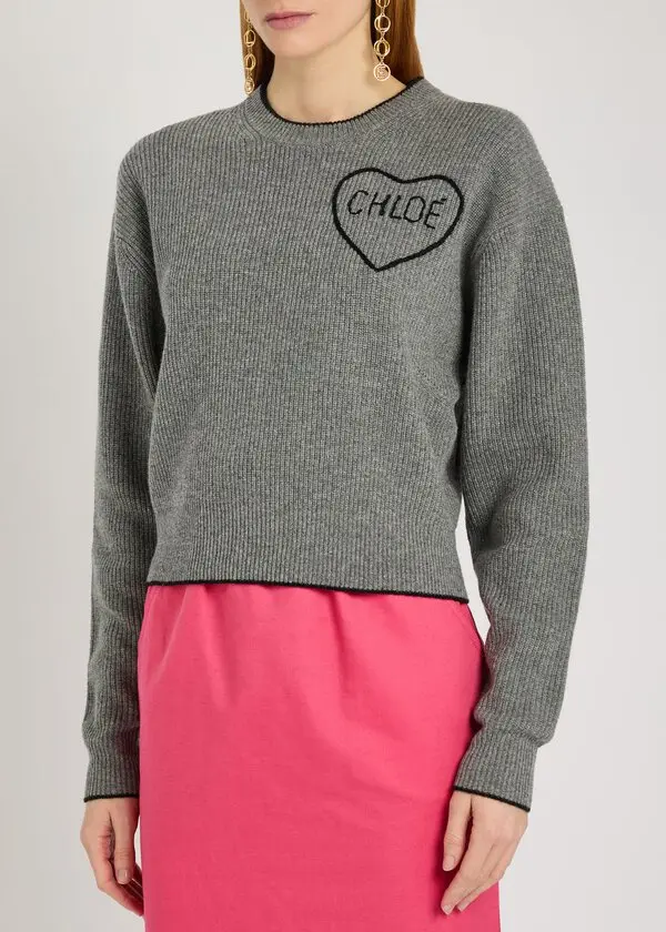 Chloé Logo Embroidered Wool And Cashmere-blend Jumper - Grey
