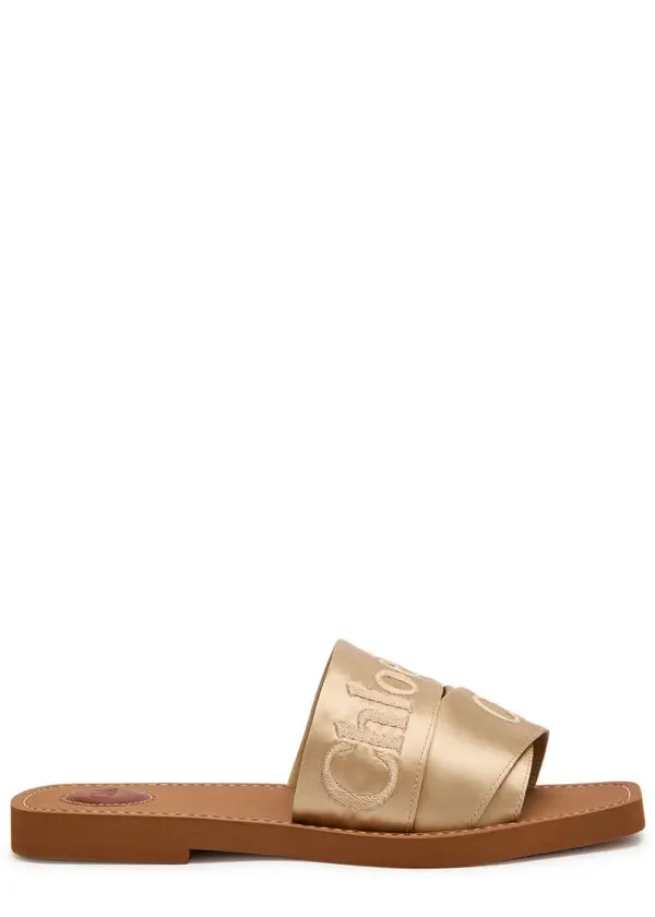 Chloé Woody Logo-embroidered Satin Sliders - Sand