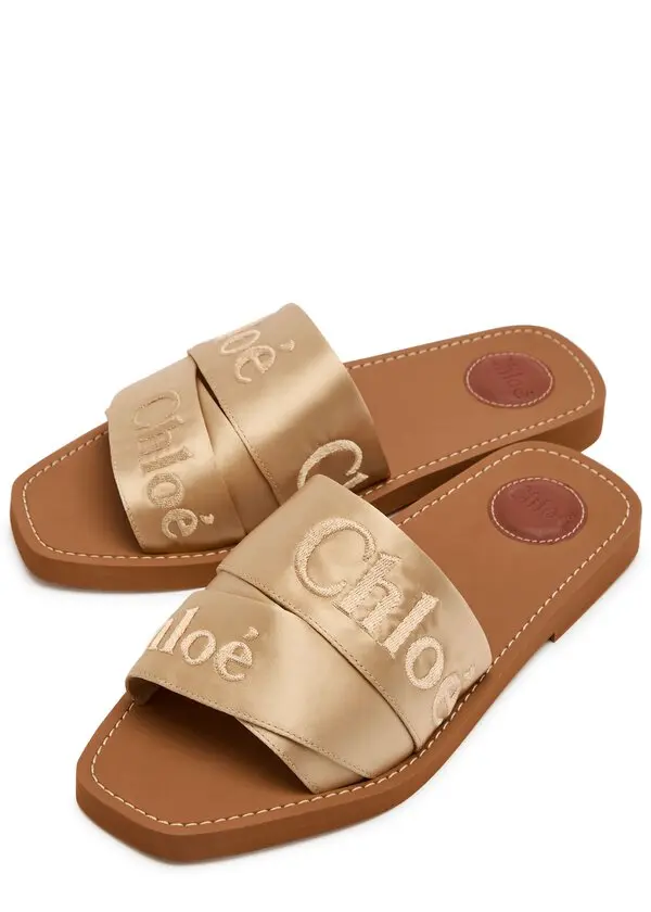 Chloé Woody Logo-embroidered Satin Sliders - Sand